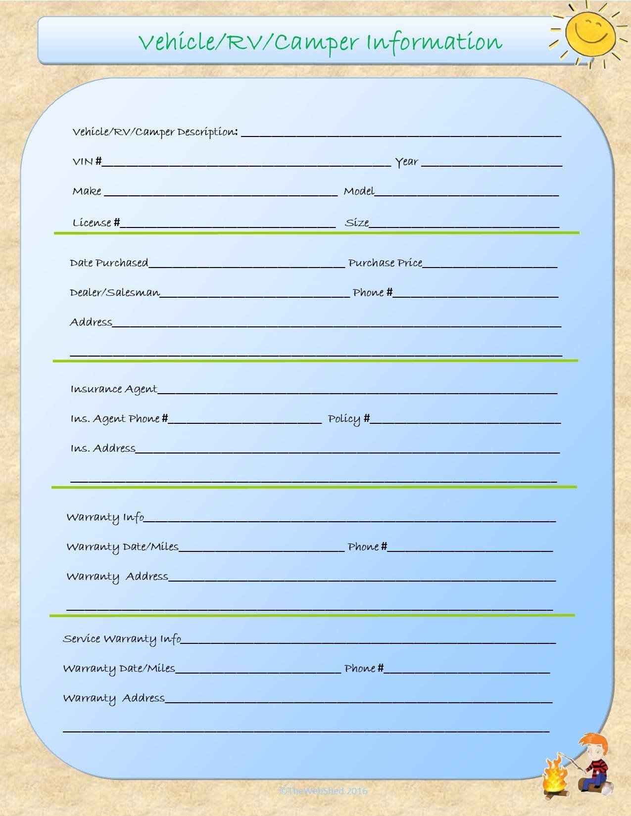 Free Printable - Vehicle/RV/Camper Information Sheet - Mid-Life Livin'